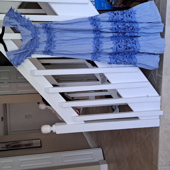 VENUS | Dresses | Venus Maxi Dress Bluewhite Check With Blue Lace Trim ...